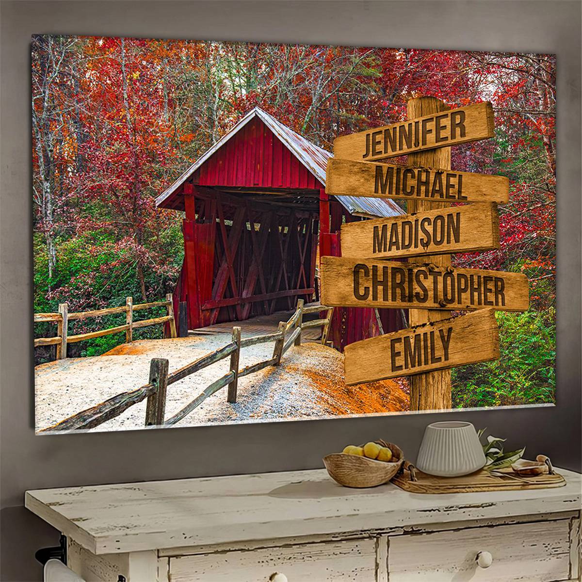 Covered Bridge Color, Personalized Multi-Names Family Poster - Lovem-oom